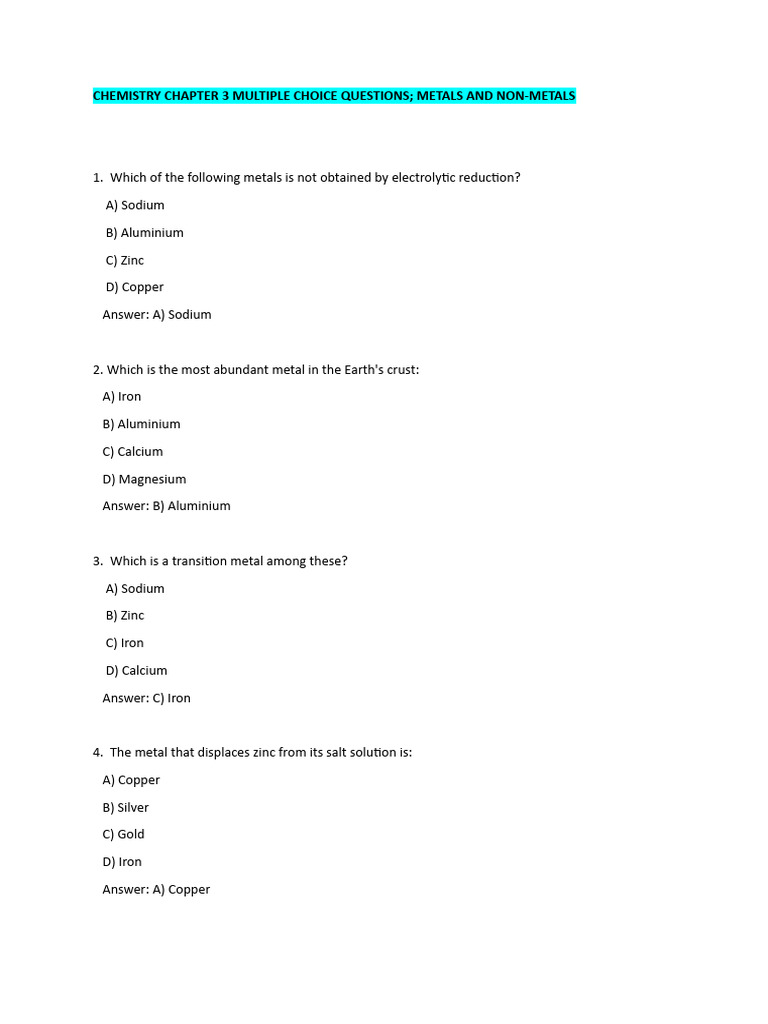 Chemistry Chapter 3 Multiple Choice Questions | PDF | Metals | Zinc Chemistry Chapter 3 Multiple Choice Questions | PDF | Metals | Zinc
