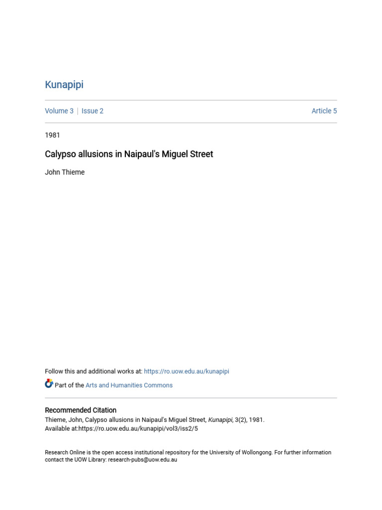 Calypso Themes in Naipaul's Miguel Street | PDF | Classics | General ...