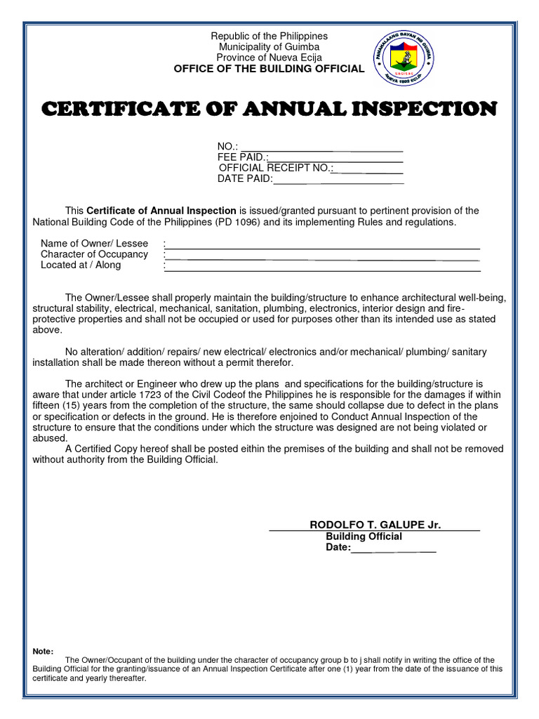 Certificate of Annual Inspection | PDF | Justice | Crime & Violence