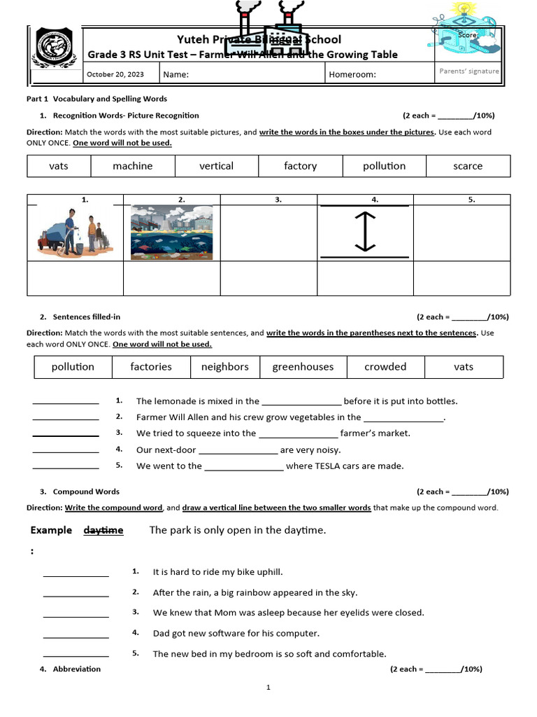 Grade 3 Unit Test: Will Allen's Table | PDF | Verb | Linguistic Morphology