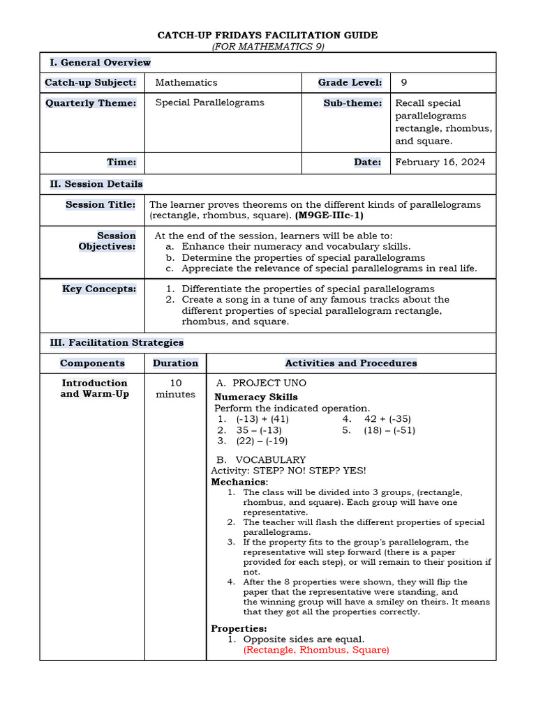 3.teaching Guide Catchup MathG9 Special Parallelograms RECTANGLE ...