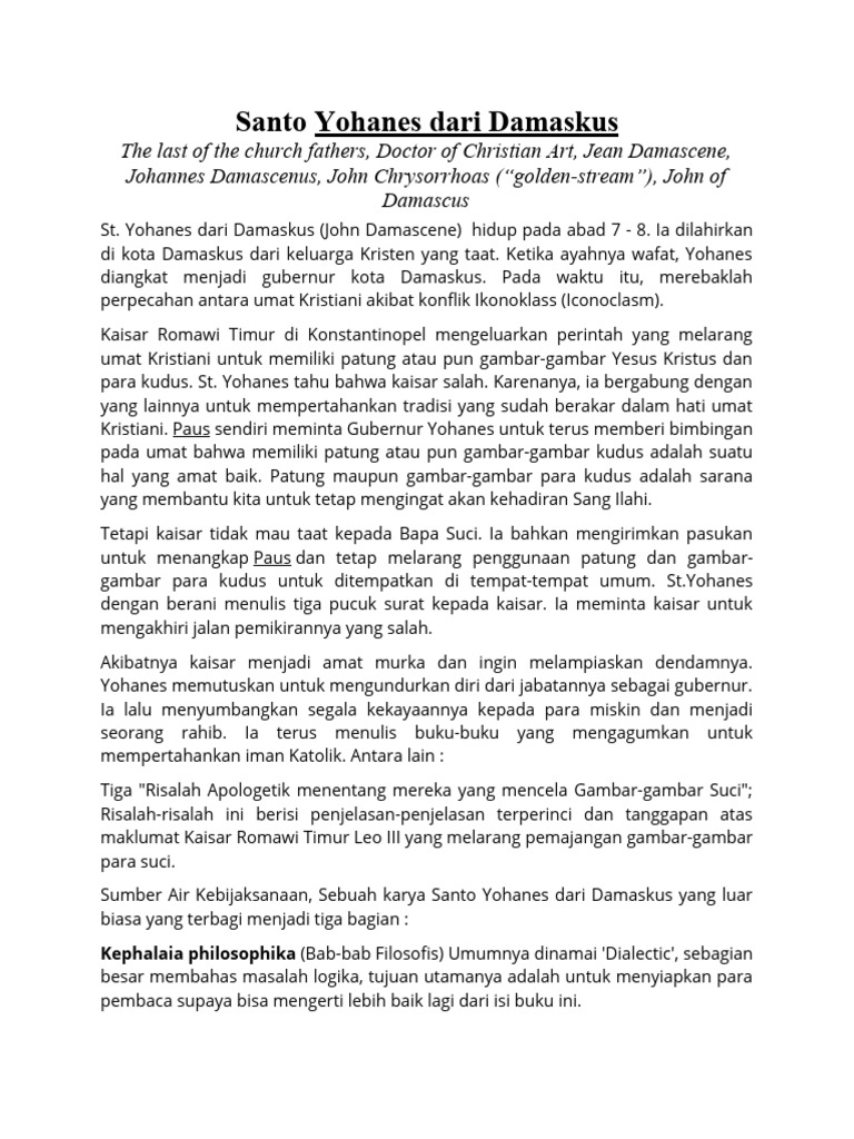 Santo Yohanes Dari Damaskus | PDF | Sejarah | Agama & Spiritualitas