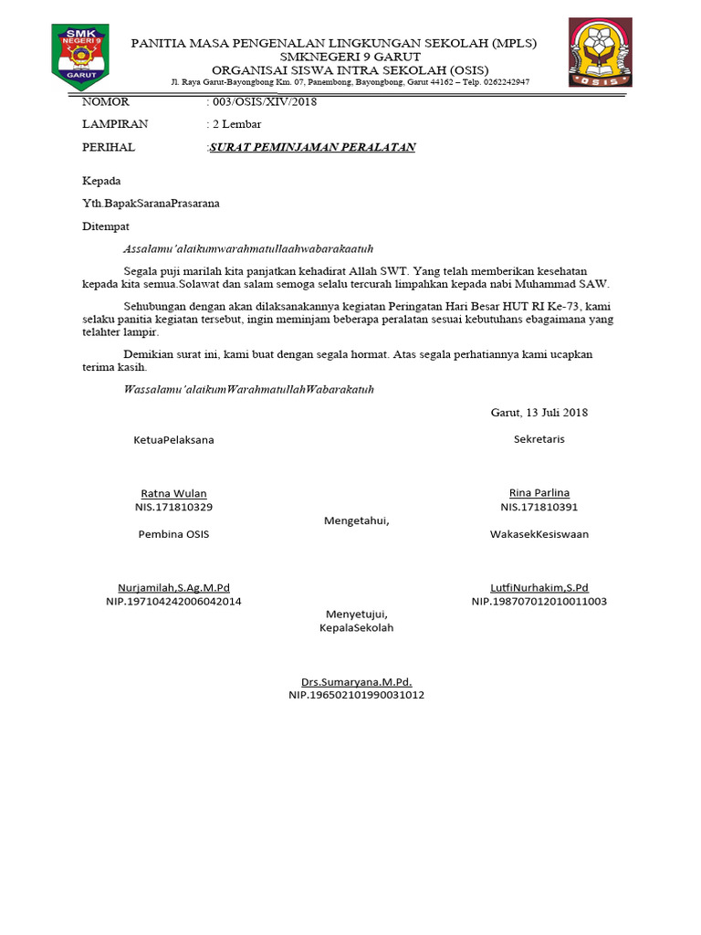 Surat Peminjaman Peralatan | PDF