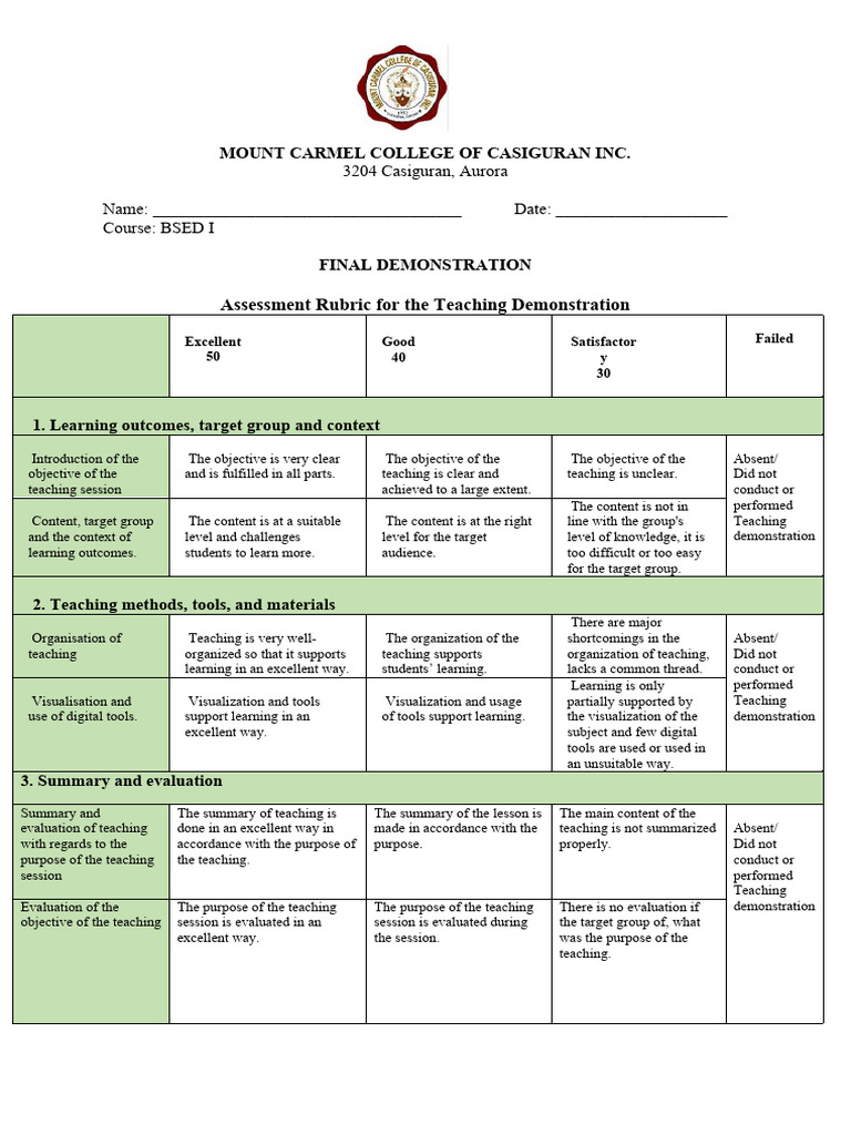 Rubric For The Teaching Demonstration | PDF | Rubric (Academic) | Learning