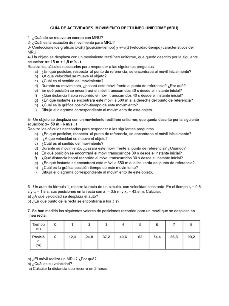 Guía de Actividades. MRU - 2 ºaño | PDF | Velocidad | Movimiento (física)
