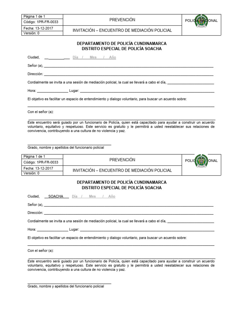 Formato Invitacion Mediacion Policial | Descargar gratis PDF | Mediación | Policía