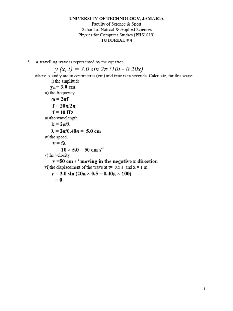 PHS1019 - Physics For Computer Studies-SOLUTION To Tutorial 4 Waves ...