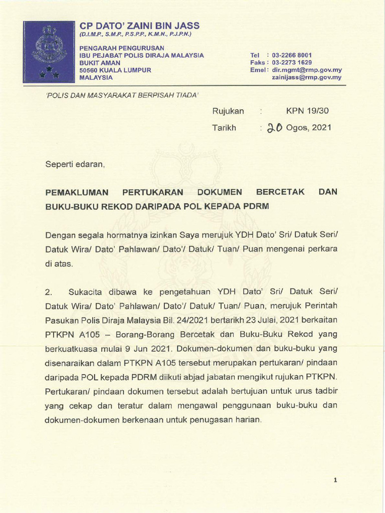 Pertukaran Pol Kepada PDRM (20082021) | PDF