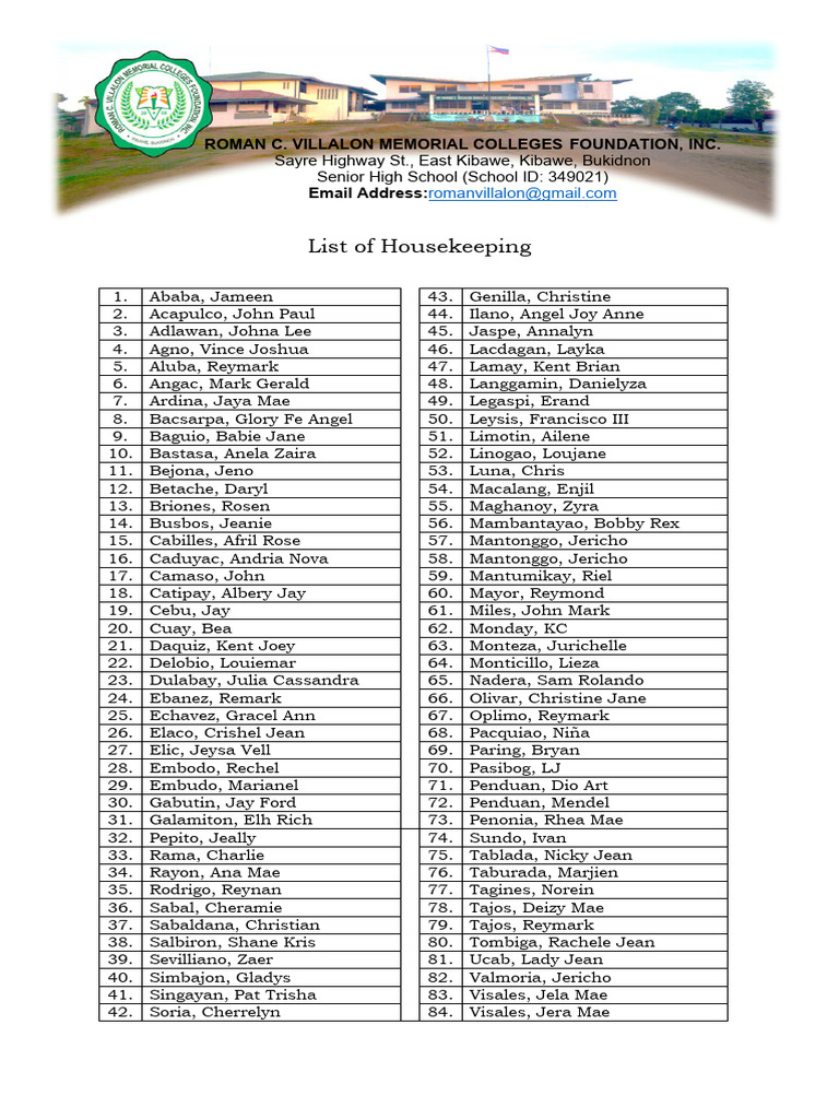 List of Housekeeping Assessment | PDF