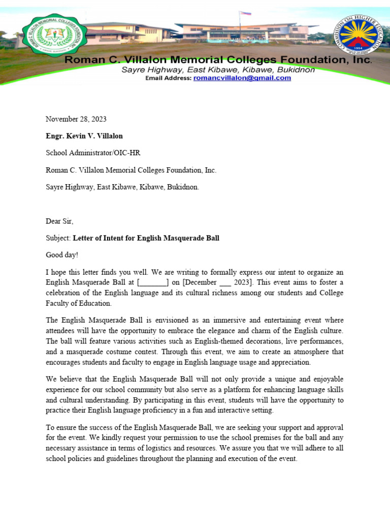 Draft 2 Letter of Intent English Masquerade Ball | PDF