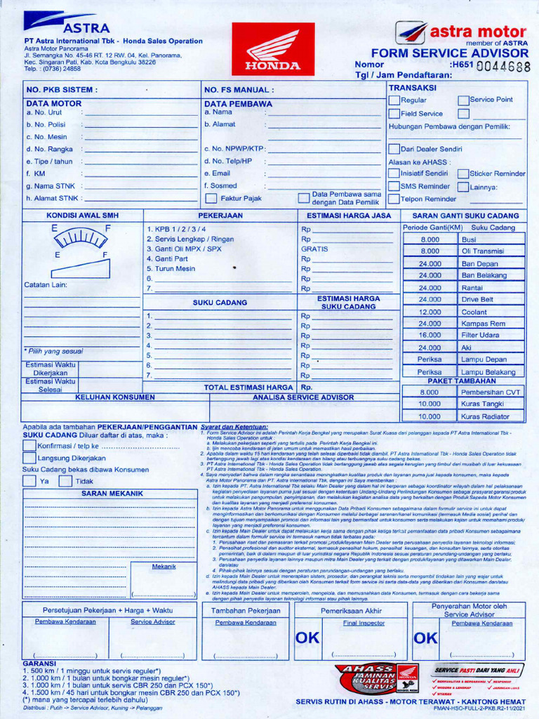 Form Service Ahm | PDF