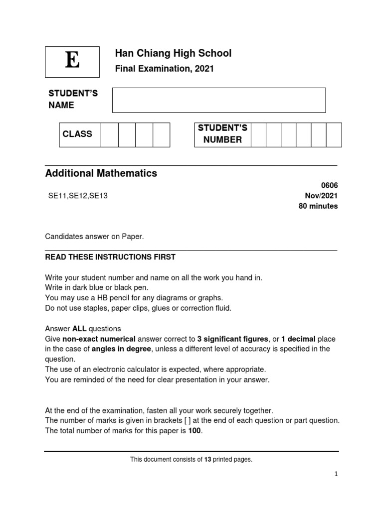 Additional Mathematics Exam 2021 | PDF | Mathematics | Mathematical Objects