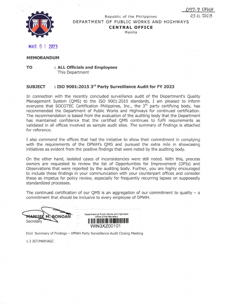 DPWH ISO 9001:2015 Audit Results | PDF | Quality Management System ...