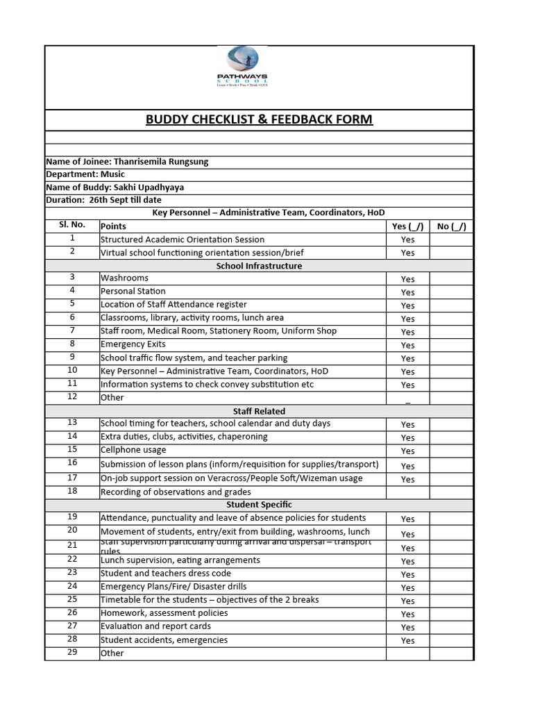 Buddy Checklist Feedback Form - Academics | PDF | Learning