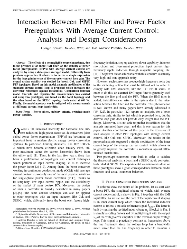 Interaction Between EMI Filter and Power Factor Preregulators With Average Current Control | PDF ...