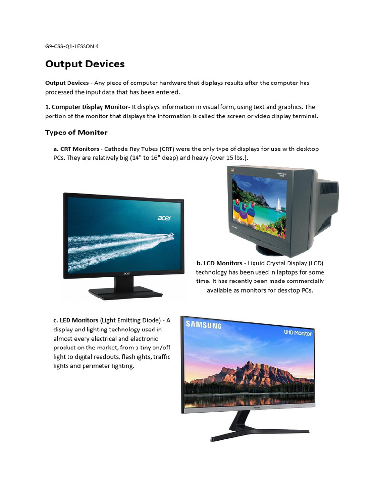 G9 CSS Q1 LESSON 5 Output Devices | PDF | Printer (Computing) | Computer Monitor
