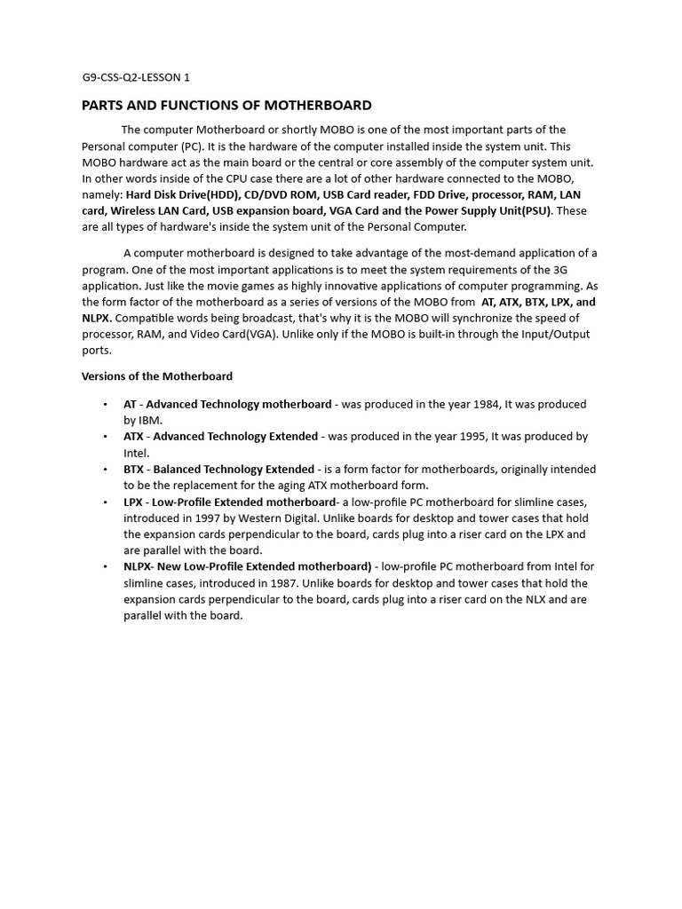 G9-Css-Q2-Lesson 1-Parts-And-Functions-Of-Motherboard | PDF | Bios | Usb