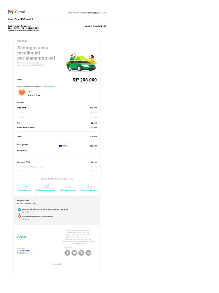 E-Receipt GrabCar: Rincian Perjalanan | PDF