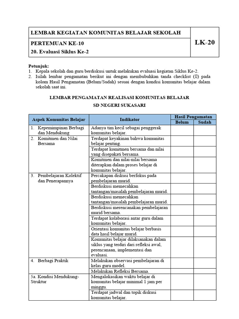 LK-20 Mengevaluasi Kegiatan Komunitas Belajar | PDF
