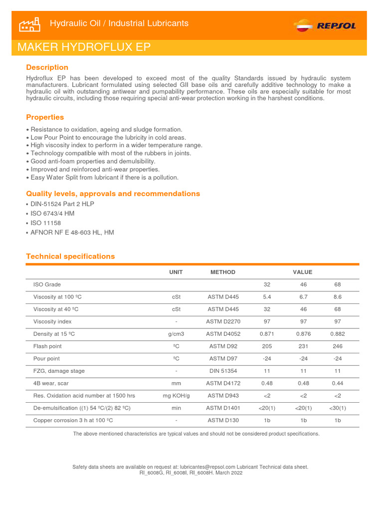Repsol Hydroflux EP Hydraulic Oils | PDF | Lubricant | Chemical Substances