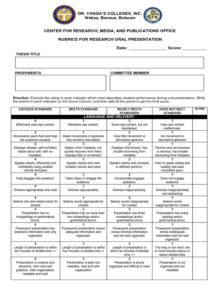 Oral Presentation - nEW Rubrics | PDF | Thesis | Evidence