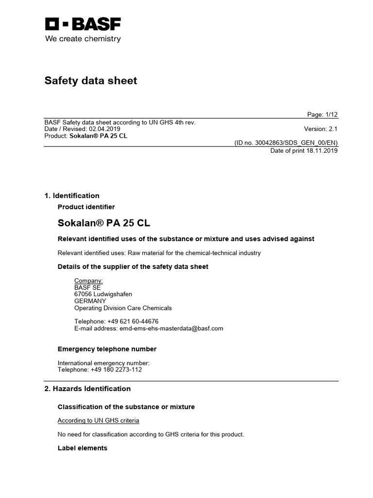 SDS - Basf - Sokalan Pa 25 CL FR | Download Free PDF | Toxicity ...