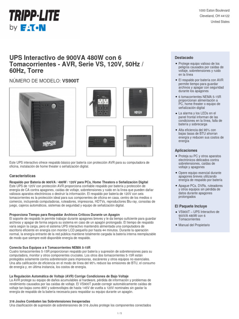 UPS Interactivo de 900VA 480W Con 6 Tomacorrientes - AVR, Serie VS ...