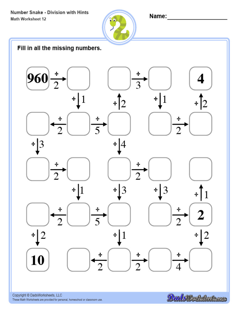 Name:: Number Snake - Division With Hints | PDF