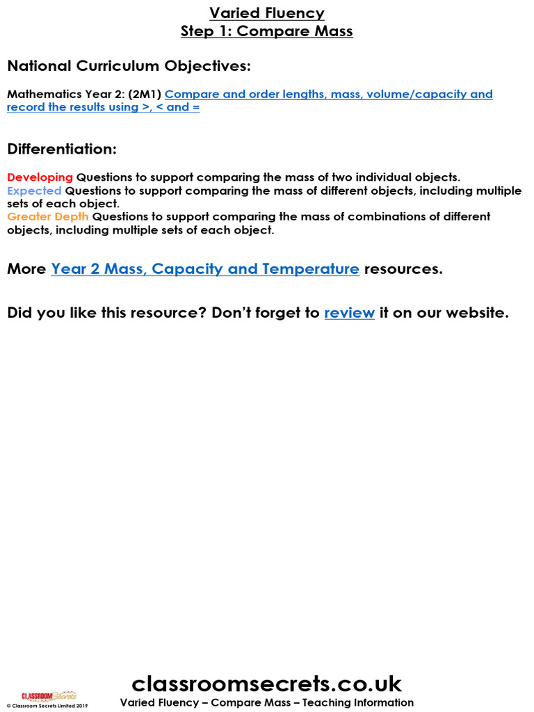 Year 2 Summer Block 4 Step 1 VF Compare Mass | PDF