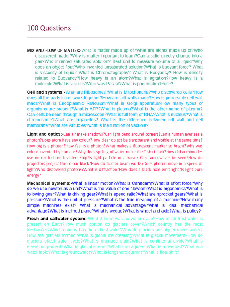 100 Questions | PDF | Cell (Biology) | Machines