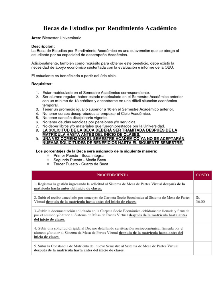Beca de Estudios Por Rendimiento Academico Usmp 2024 | PDF | Negocios ...