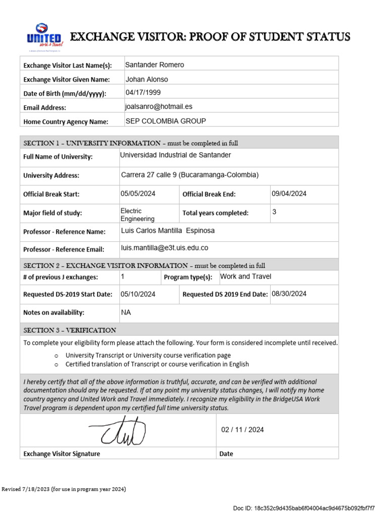 Proof of Exchange Visitor Student Status | PDF | Authentication