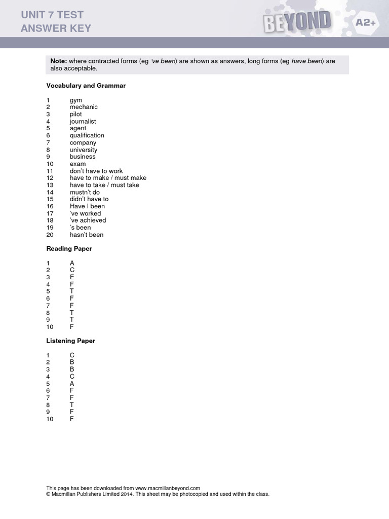 Unit 7 Test Answer Key | PDF
