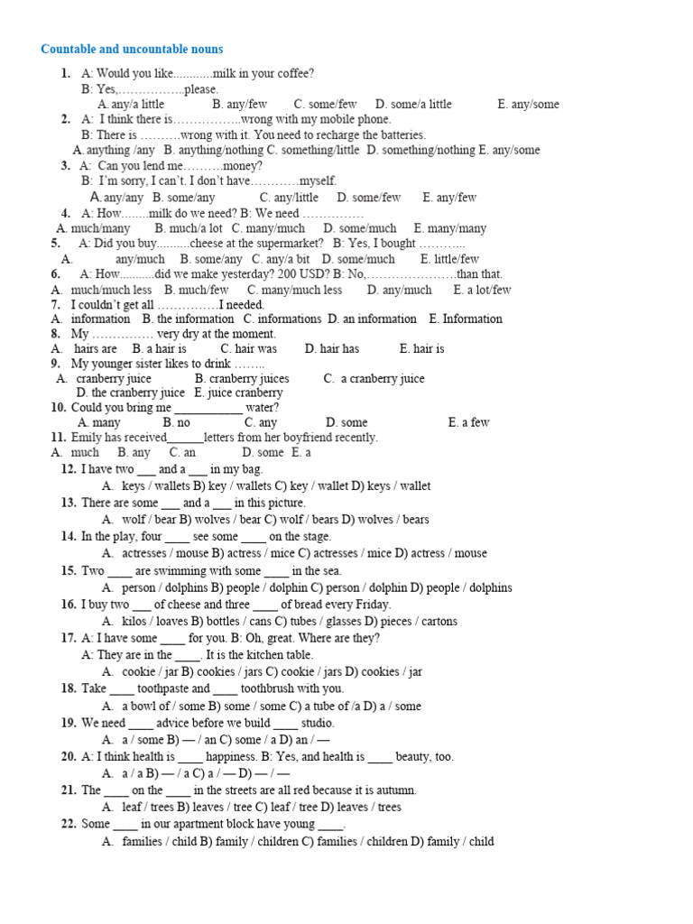 Countable vs Uncountable Nouns Quiz | PDF | Food And Drink Preparation ...