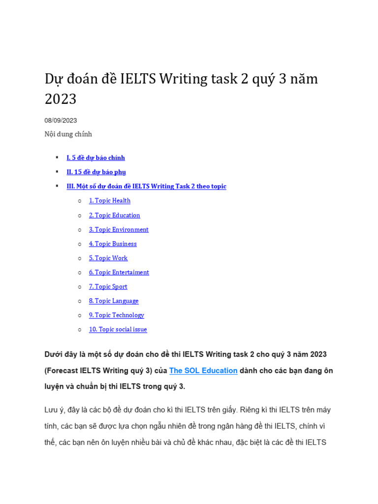 Dự Đoán Đề IELTS Writing Task 2 Quý 3 Năm 2023 | PDF