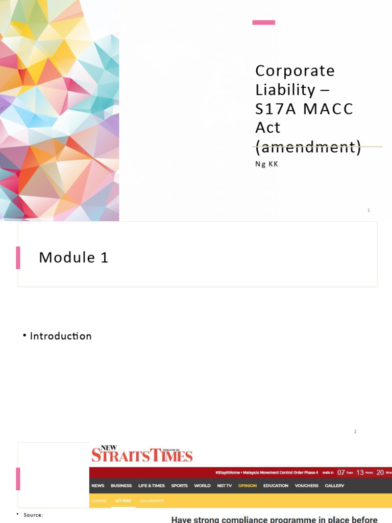 Corporate Liability - S17A MACC Act (Amendment) v2 | PDF | Bribery | Risk