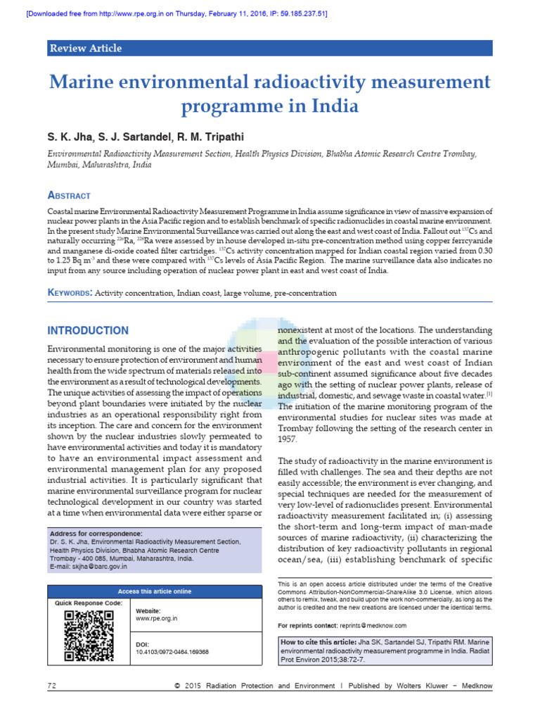 Marine Environmental Radioactivity Measurement Programme in India | PDF ...
