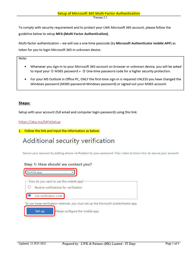 Setup of Microsoft 365 Multi-Factor Authentication v2.1 | PDF