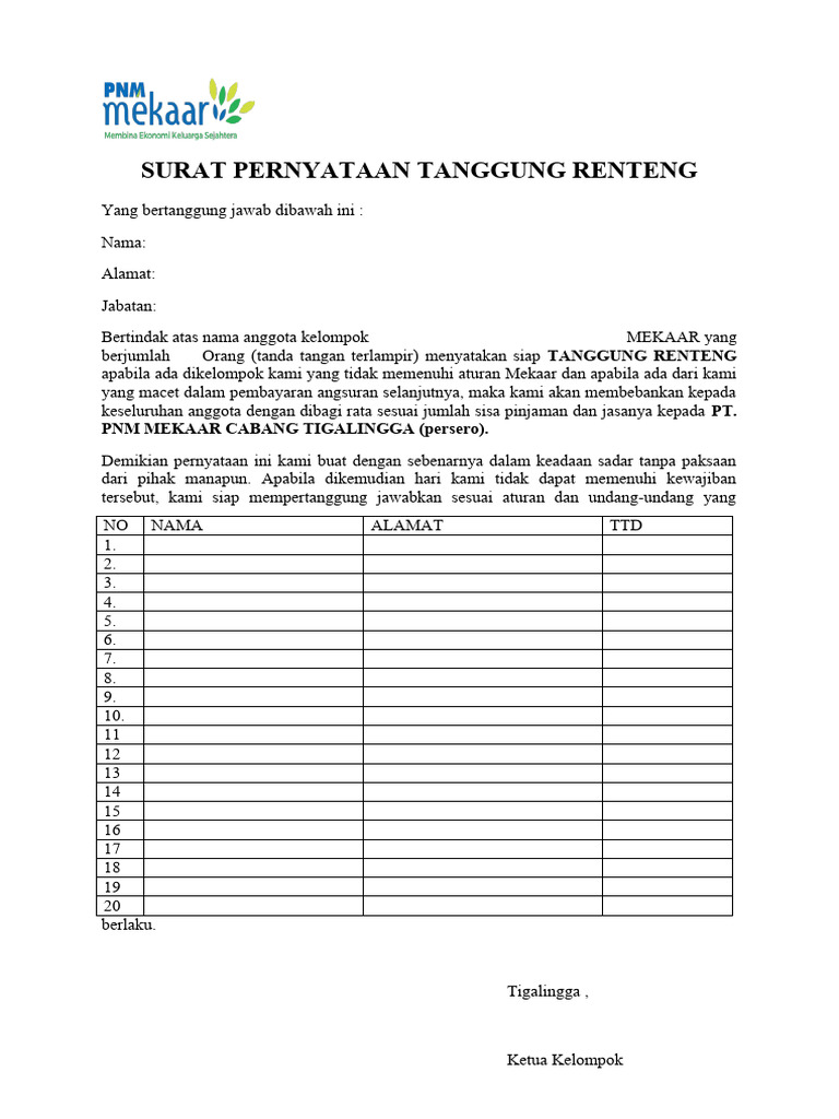 Surat Pernyataan Tanggung Renteng PDBK | PDF