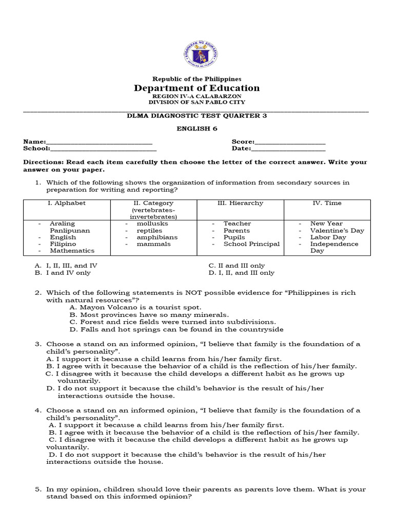 English 6 Dlma Diagnostic Test Quarter 3 | PDF