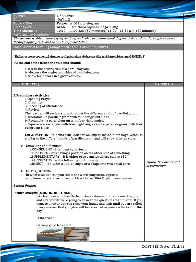 DAY 1-2 Math 9 DLL | PDF | Rectangle | Elementary Mathematics