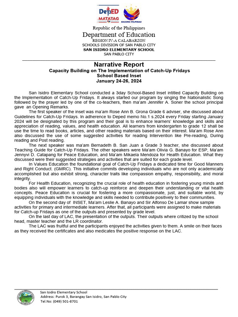 Narrative-Report-School-Based-Inset-SIES (1) | PDF | Cognition | Learning