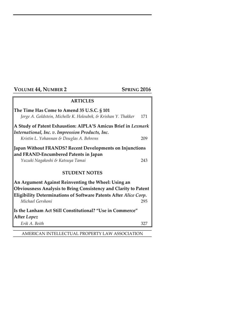 The Time Has Come To Amend 35 U.S.C. Section 101 (Goldstein, Holoubek ...