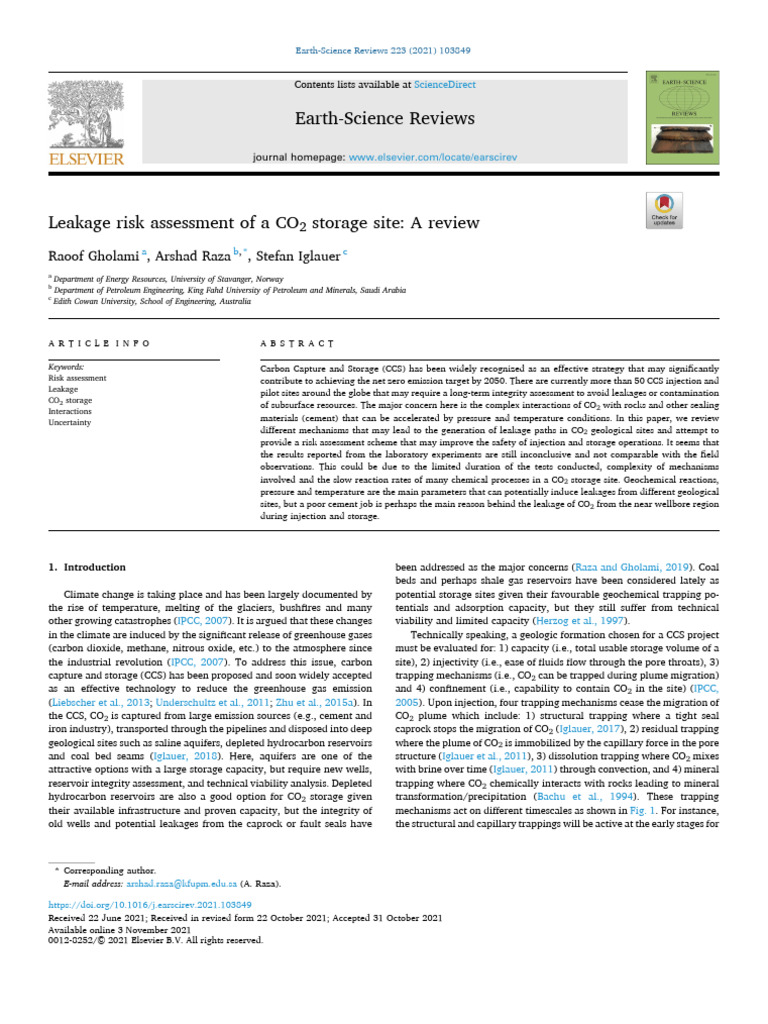 Leakage Risk Assessment of A CO2 Storage Site A Review - Norway - Saudi ...