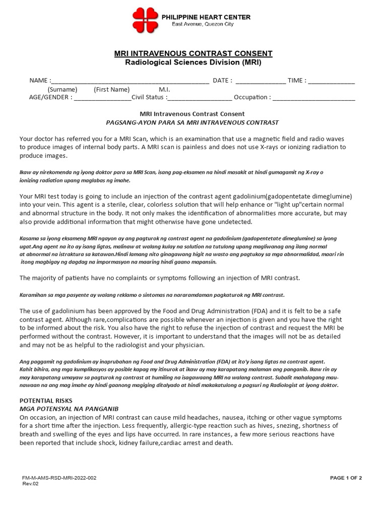 Mri Intravenous Contrast Consent | PDF | Magnetic Resonance Imaging ...