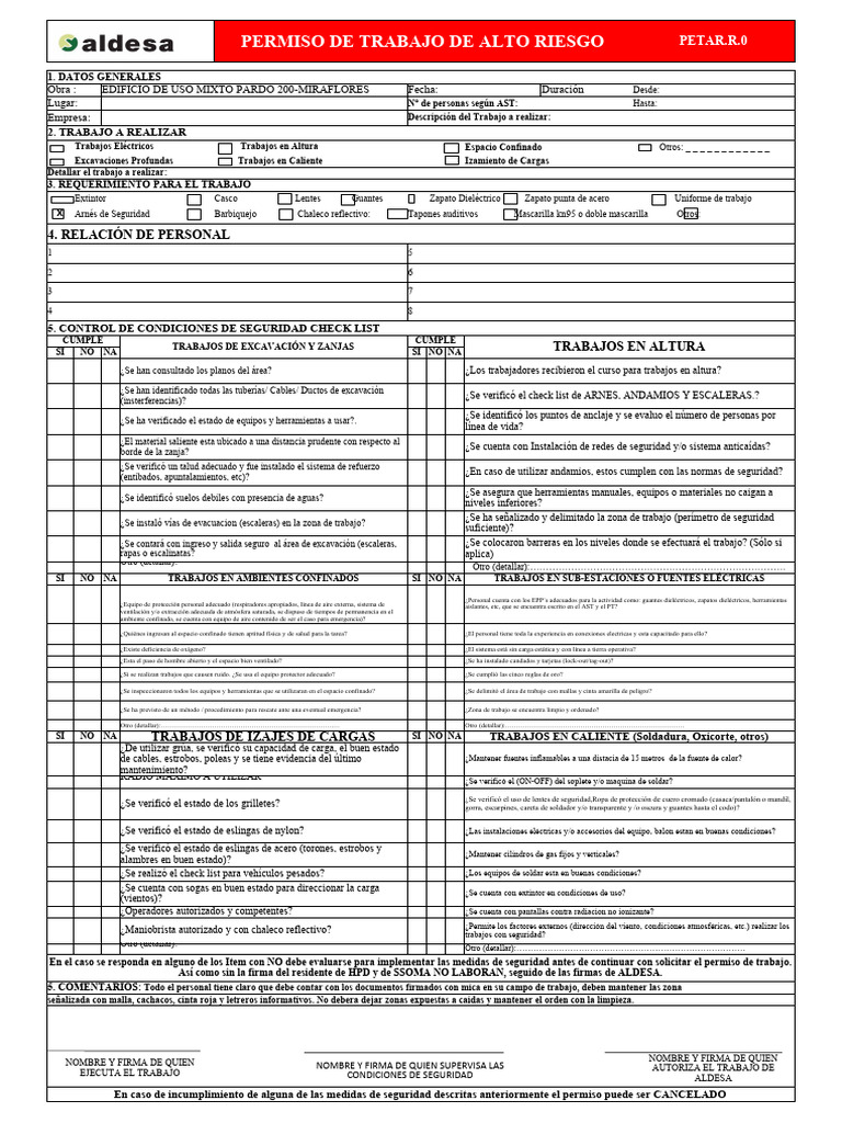 PETAR.R.0 Permiso de Trabajo de Alto Riesgo | PDF