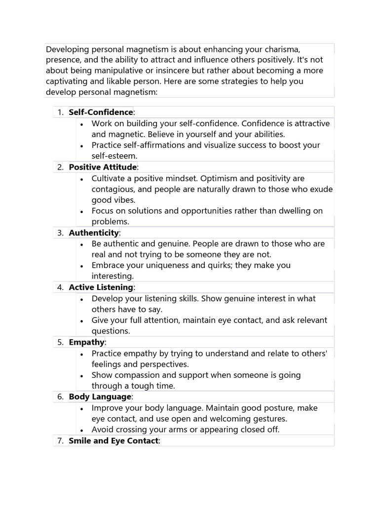 Developing Personal Magnetism Is About Enhancing Your Charisma | PDF | Body Language | Self Esteem