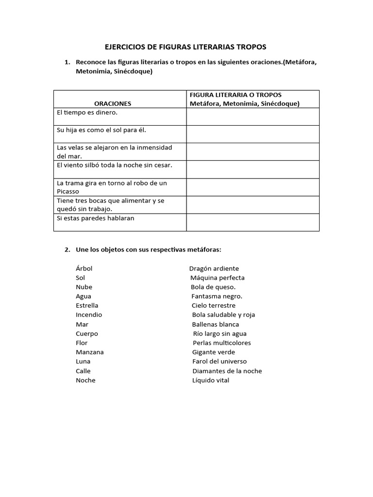 EJERCICIOS DE FIGURAS LITERARIAS O TROPOS | PDF