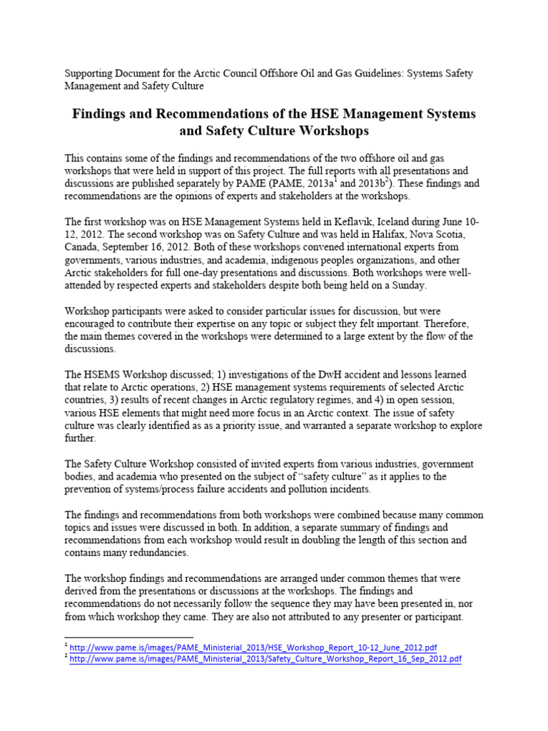 Findings and Recommendations of The HSE Management Systems and Safety ...