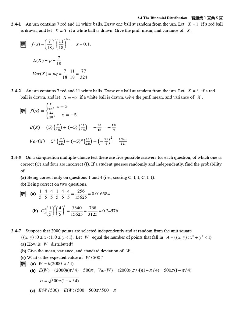 2 4 The Binomial Distribution 習題 Pdf Variance Standard Deviation